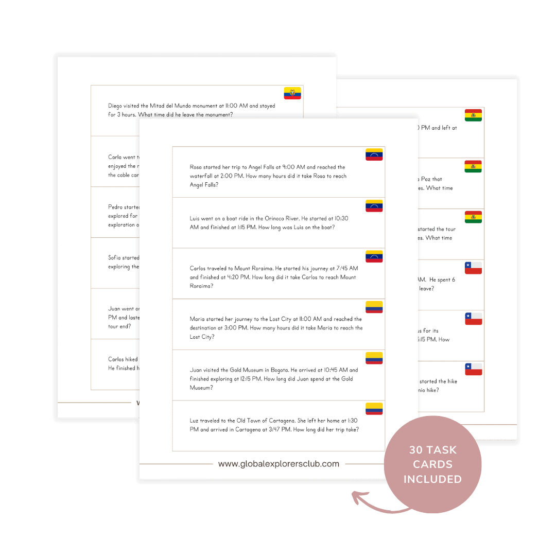 South America: Elapsed Time Task Cards - The Global Explorers Club
